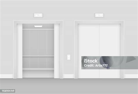 홀 내부 벡터 일러스트에서 현실적인 열린 빈 엘리베이터 엘리베이터에 대한 스톡 벡터 아트 및 기타 이미지 엘리베이터 로비