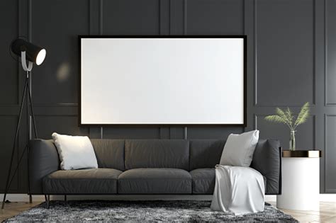 밝은 배경에 격리된 거실의 소파 뒤에 있는 나무 바닥의 현대적인 인테리어에 있는 포스터 프레임의 모형 3d 렌더링 3d 그림 3차원 형태에 대한 스톡 사진 및 기타 이미지