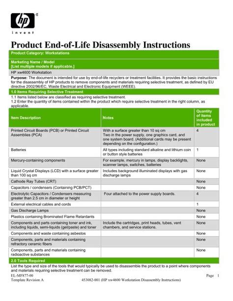 Product End Of Life Disassembly Instructions Hp