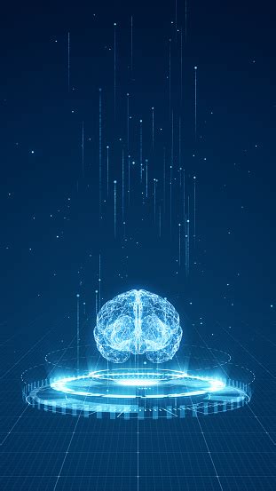 파란색 디지털 두뇌 로고와 Ai 챗봇과 기계 학습 기술이 적용된 미래형 Hud와 인공 지능과 로봇 아이콘이 추상적인 배경 세로