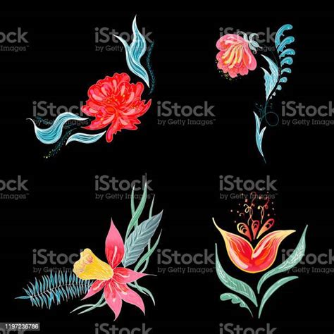 4 여름 다채로운 열대 꽃의 집합 검은 배경에 고립 된 꽃 식물 꽃 세트 손으로 그린 벡터 컬렉션입니다 식물 하와이 자연입니다 열대 야자수 아이콘입니다 하와이 일러스트