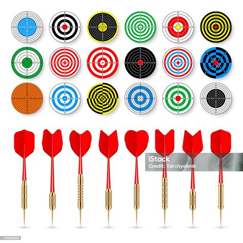 다트 화살표와 그림자가 있는 종이 대상 사격장 라운드 타겟 사단 마크 및 숫자 총기 사격 연습 및 훈련 스포츠 경기 과녁과 조준 벡터 그림 다트에 대한 스톡 벡터 아트 및