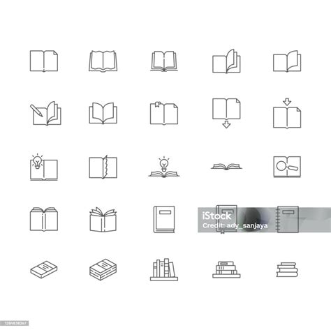 책 아이콘 세트입니다 선형 스타일 기호 컬렉션 윤곽 선개 표지판 팩 벡터 그래픽 세트에는 책갈피 교과서 노트북 도서관 서점