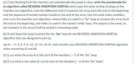 Solved A 7 Pts Starting From The Insertion Sort