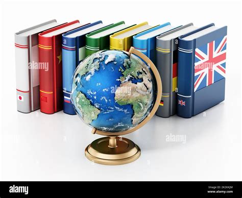 Earth Globe Model And Dictionaries With Various Flags Isolated On White Background 3d