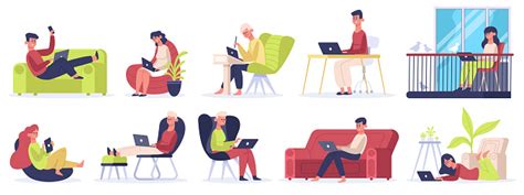 프리랜서 노동자 집에서 노트북과 컴퓨터에서 일하는 사람들 편안한 프리랜서 작업장 자영업 벡터 일러스트레이션 세트 소파에 대한 스톡 벡터 아트 및 기타 이미지 Istock