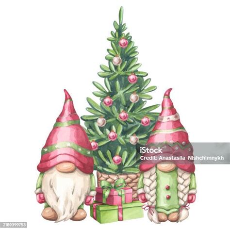 크리스마스 그놈 소년 수염과 소녀 땋은 머리 크리스마스 트리 선물 상자 스칸디나비아 새해 문자입니다 손으로 그리기 수채화 그림 고립 된 배경 크리스마스 인사말 카드 파티