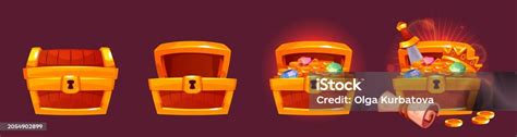 나무 상자 보물 금화 보석 게임 아이콘 두루마리 검과 왕관 해적 보물이 있는 열림과 닫힘 가득 찬 나무 상자 보석 트렁크 만화 깔끔한 벡터 개념 0명에 대한 스톡 벡터 아트