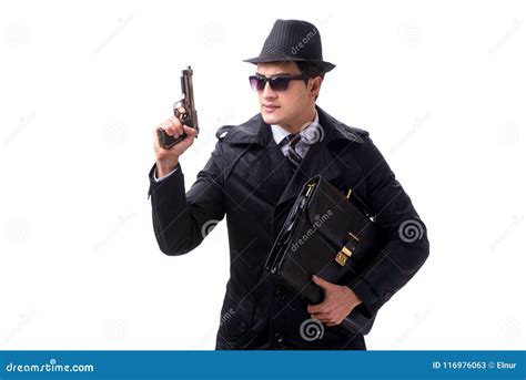 Lespion Dhomme Avec Le Pistolet Disolement Sur Le Fond Blanc Image