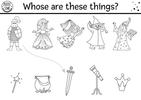 귀여운 캐릭터와 함께하는 흑백 동화 짝짓기 활동 기사 요정 공주와 함께하는 마법의 왕국 색칠하기 개체 맞추기 인쇄 가능한 워크
