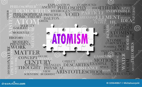 Atomism As A Complex Subject Related To Important Topics Spreading Around As A Word Cloud Stock