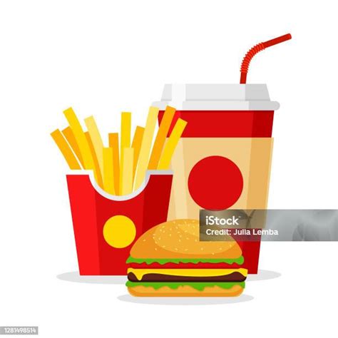 트렌디한 플랫 스타일로 감자 튀김 햄버거 소다로 점심을 드실 수 있습니다 프렌치 프라이에 대한 스톡 벡터 아트 및 기타 이미지