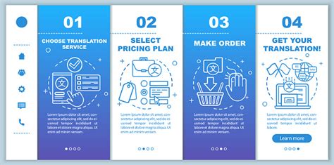 모바일 웹 페이지 벡터 템플릿온보딩 번역 서비스 프로세스 선형 일러스트와 응답 스마트 폰 웹 사이트 인터페이스 아이디어 웹 페이지 연습 단계 화면입니다 색상 컨셉 변환