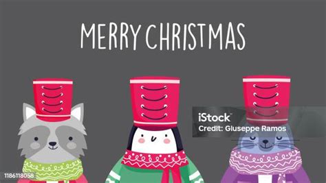 메리 크리스마스 축하 너구리 펭귄과 모자 스카프와 수도사 물개 겨울에 대한 스톡 벡터 아트 및 기타 이미지 겨울 곰