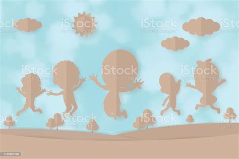 아이 점프 어린이의 종이 예술 스타일 놀이터에 기쁨으로 뛰어 행복 한 만화 아이 배경에서 재생 구름에 대한 스톡 벡터 아트 및