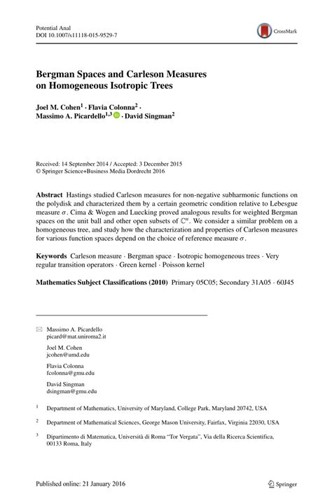 Pdf Bergman Spaces And Carleson Measures On Homogeneous Isotropic Trees