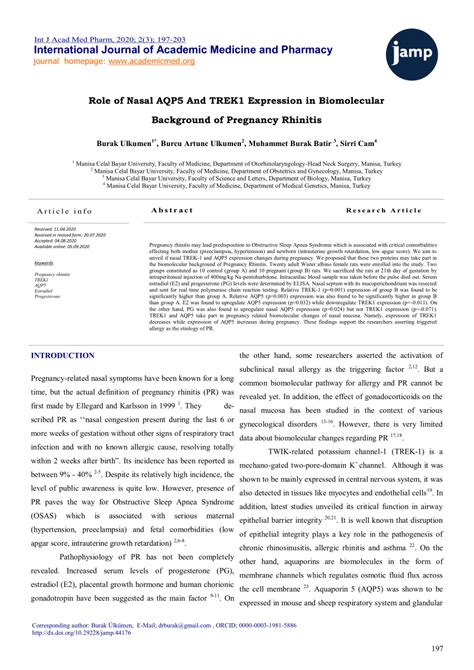 Pdf 2020 Role Of Nasal Aqp5 And Trek1 Expression In Biomolecular Bakground Of Pregnancy Rhinitis