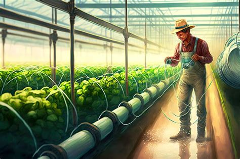 Farmer Installing Drip Irrigation For Vegetables In Hydroponic Farm Stock Illustration