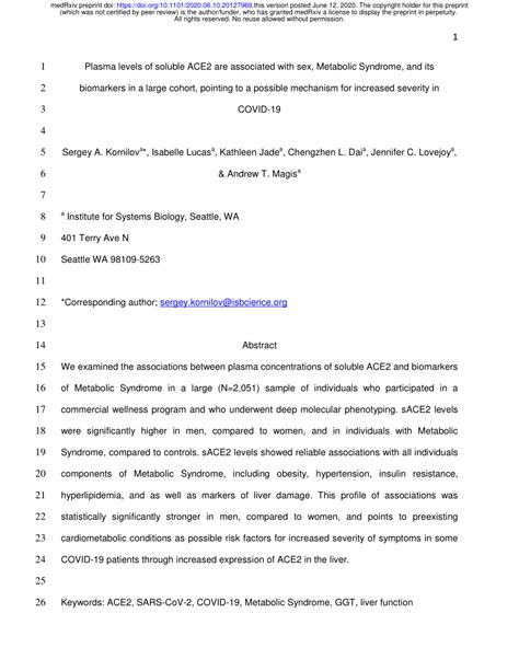 PDF Plasma Levels Of Soluble ACE2 Are Associated With Sex Metabolic Syndrome And Its
