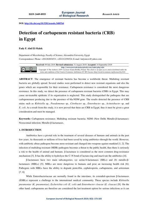 Pdf Detection Of Carbapenem Resistant Bacteria Crb In Egypt
