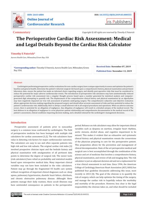 Pdf The Perioperative Cardiac Risk Assessment Medical And Legal