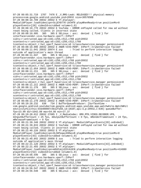 Log Entries Detailing Youtube Application Errors And Permission