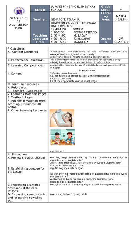 DAILY LESSON LOG ON PUBERTY GRADES To DAILY LESSON PLAN Babe LUPANG PANGAKO ELEMENTARY