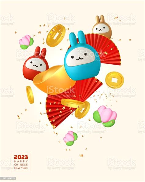 2023년 중국 설날 카드 3d 렌더링 중국 황금 주괴 달 토끼 아시아 팬 및 동전 비행 전통 축제 음력설 만화 벡터 일러스트 레이 션 템플릿 배너 2023년에 대한 스톡