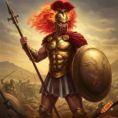 Ares The Greek God Of War In Battle Armor With Red Fiery Hair Spear