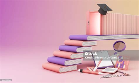 계단 책과 문 은 대학원 모자 오픈 북 풍선 통치자 통계 그래프 연필과 분홍색과 보라색 배경 3d 렌더링에 돋보기로 둘러싸여 열린 학습 개념 3차원 형태에 대한 스톡 사진