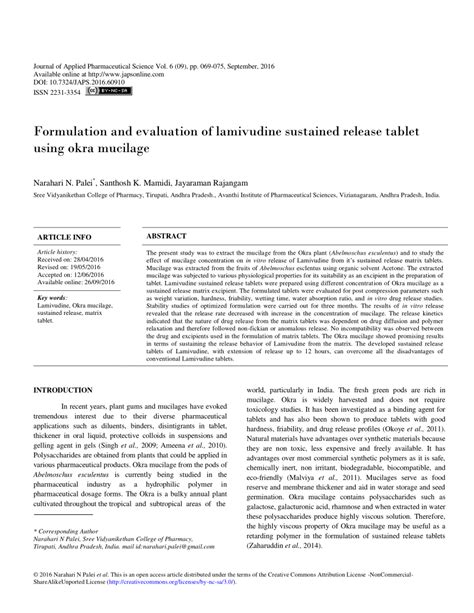 Pdf Formulation And Evaluation Of Lamivudine Sustained Release Tablet Using Okra Mucilage