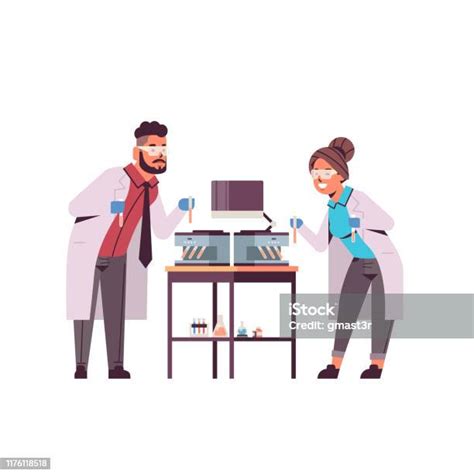 과학자 부부는 분석기 의학 기계 실험실 연구 과학 의학 개념 전체 길이 평면을 사용하여 균일한 혈액 샘플 남자 여자와 시험관을 들고 과학 연구에 대한 스톡 벡터 아트 및