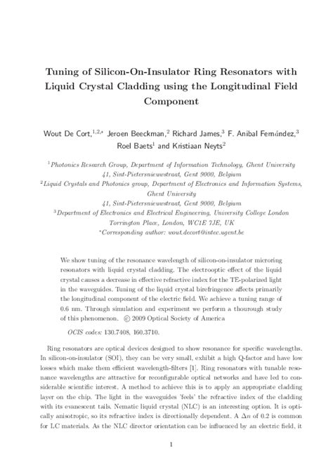 Pdf Tuning Of Silicon On Insulator Ring Resonators With Liquid
