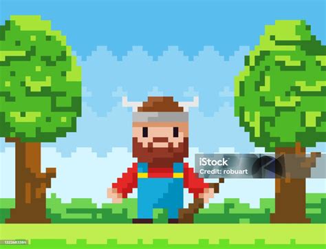 벡터 픽셀 게임 캐릭터 용감한 바이킹 자연 경관에 클럽이있는 픽셀 화 된 수염 남자 가공의 인물에 대한 스톡 벡터 아트 및 기타