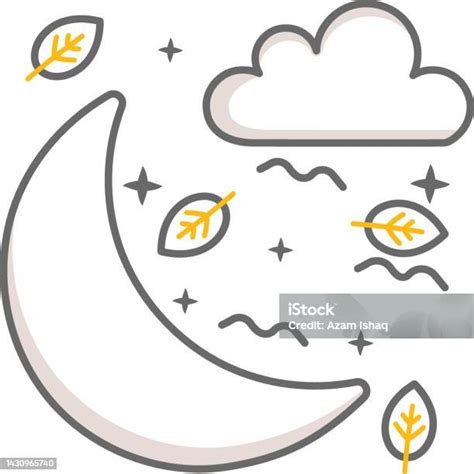 구름과 나뭇잎으로 달을 수확 개념 벡터 아이콘 디자인 가을 또는 가을 활동 기호 낙엽 날씨 기호 수확 시즌 요소 스톡 일러스트레이션 귀여운에 대한 스톡 벡터 아트 및 기타
