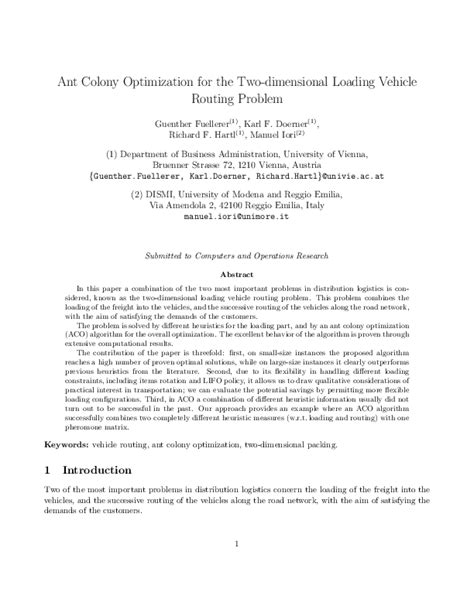Pdf Ant Colony Optimization For The Two Dimensional Loading Vehicle Routing Problem