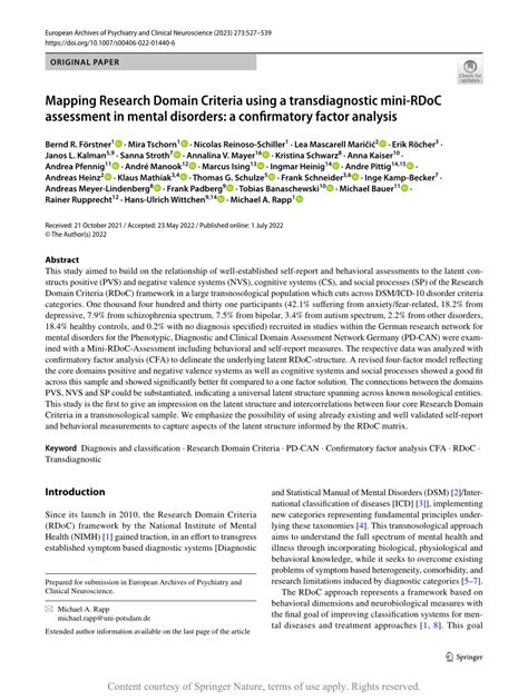 Pdf Mapping Research Domain Criteria Using A Transdiagnostic Mini Rdoc Assessment In Mental