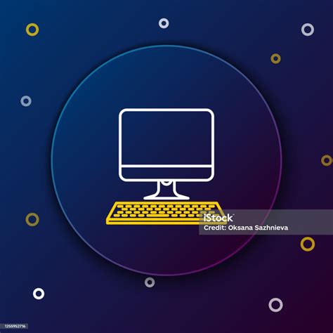 White And Yellow Line Computer Monitor With Keyboard Icon Isolated On Dark Blue Background Pc