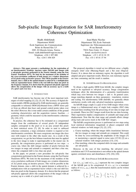 Pdf Sub Pixelic Image Registration For Sar Interferometry Coherence Optimization