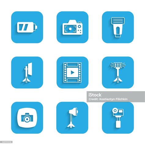 카메라 필름 롤 카트리지 소프트박스의 스튜디오 전구 액션 익스트림 카메라 사진 플래시 및 배터리를 아이콘으로 설정합니다 벡터 겉창에 대한 스톡 벡터 아트 및 기타 이미지