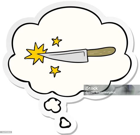 인쇄된 스티커로 생각 거품이 있는 만화 날카로운 부엌 칼 귀여운에 대한 스톡 벡터 아트 및 기타 이미지 귀여운 기포 낙서