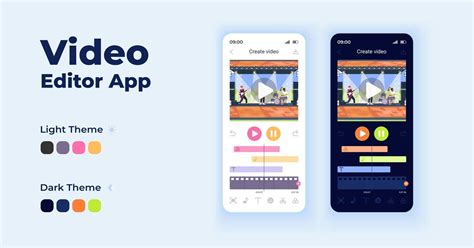 Video Editor Cartoon Smartphone Interface Vector Templates Set Mobile App Screen Page Night And