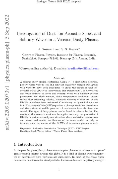 Pdf Investigation Of Dust Ion Acoustic Shock And Solitary Waves In A Viscous Dusty Plasma