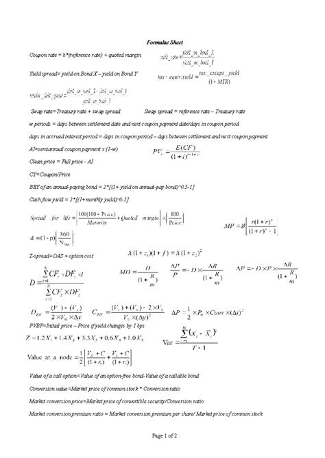 Formulae Sheet Formulae Sheet Coupon Rate B Reference Rate Quoted Margin Yield Spread