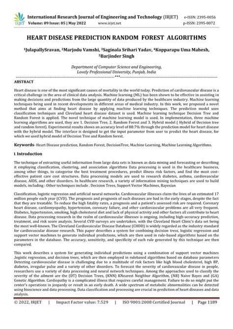 Heart Disease Prediction Random Forest Algorithms Pdf Heart And Cardiovascular Diseases