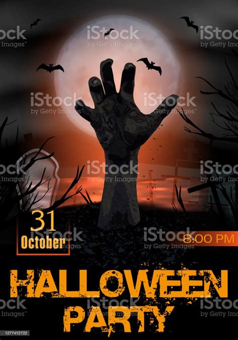 할로윈 파티 포스터 무덤에서 떠오르는 좀비 손 파티 초대 템플릿 수직 배경입니다 무덤과 달 유령의 밤 벡터 무덤 묘지에 대한 스톡 벡터 아트 및 기타 이미지 Istock