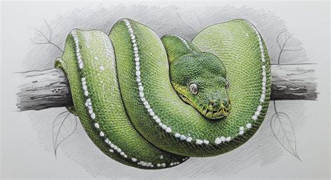 Green Tree Python Coiled On Branch Detailed Pencil Drawing Art Stock