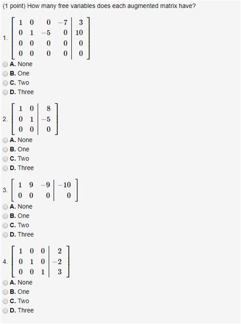 solved 1 point how many free variables does each augmented