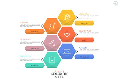 간단한 인포 그래픽 디자인 레이아웃 텍스트 상자를 가리키는 6개의 여러 가지 색의 육각 요소 그림 과 화살표 6에 대한 스톡 벡터 아트 및 기타 이미지 Istock