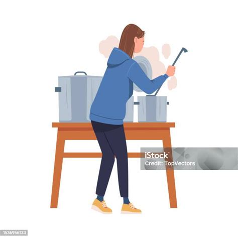 식량 배급 지점에서 노숙자나 난민들에게 음식을 주는 자원봉사 여성 벡터 삽화 개념에 대한 스톡 벡터 아트 및 기타 이미지 개념 공동체 공유 개념 Istock